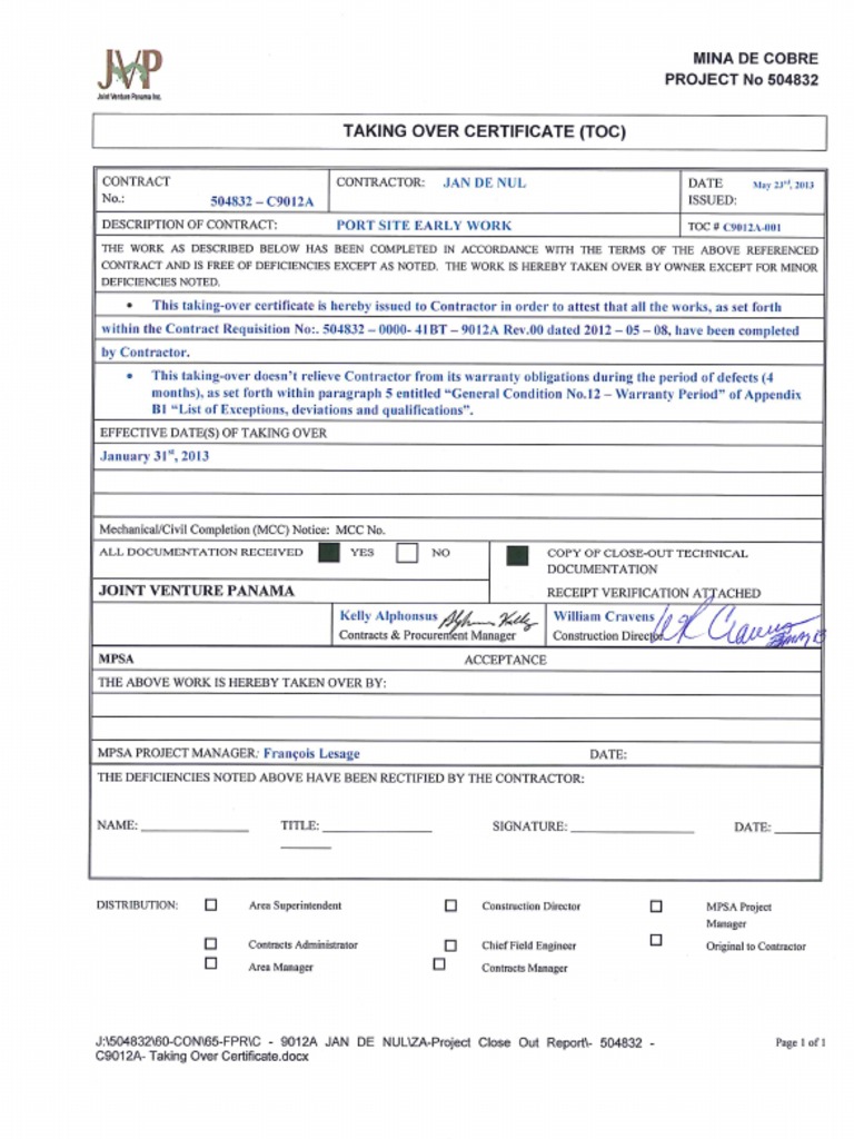 TAking Over Certificate (TOC)
