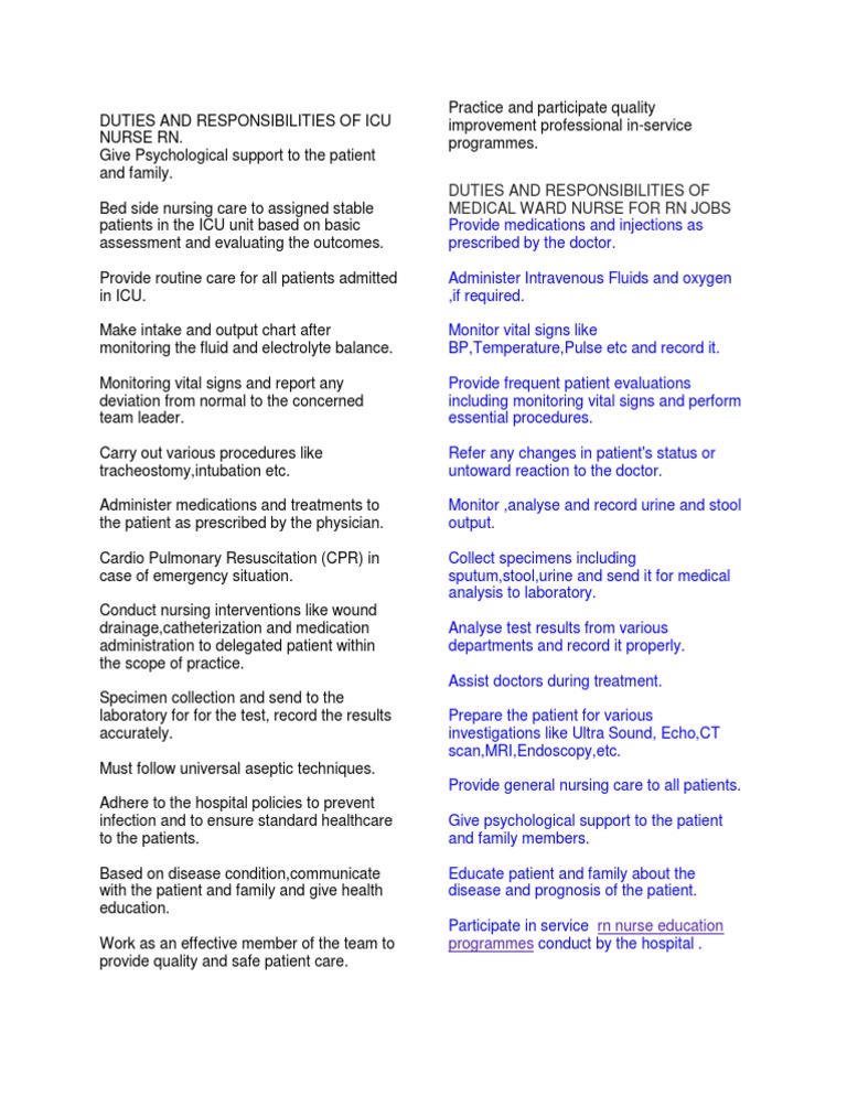 Duties and Responsibilities of Icu Nurse RN | PDF