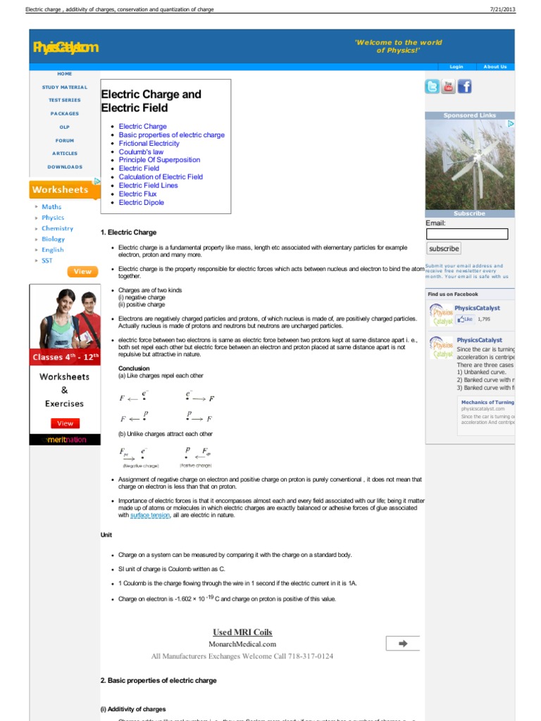 Electric Charge, Additivity of Charges, Conservation and Qu | PDF ...