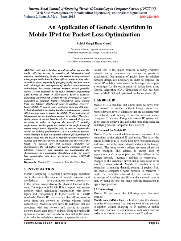 An Application of Genetic Algorithm in Mobile Ipv4 For Packet Loss Optimization | PDF | Ip ...