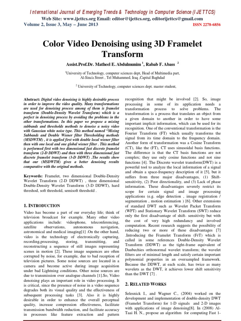 Color Video Denoising Using 3D Framelet Transform | PDF | Matrix (Mathematics) | Wavelet