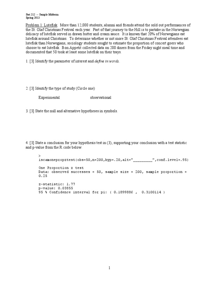Sample Exam Intro Stats | PDF | Statistical Hypothesis Testing | P Value
