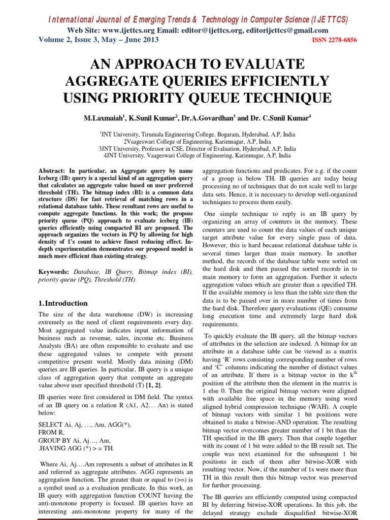 An Approach To Evaluate Aggregate Queries Efficiently Using Priority Queue Technique | PDF ...