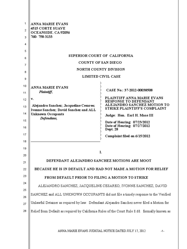 Anna Marie Answer To Alejandra Sanchez Motion To Strike Tenant Eviction ...