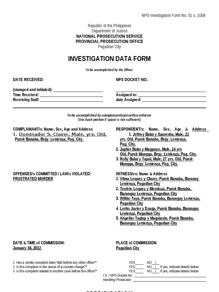 NPS Investigation Form No - Lothy | PDF | Prosecutor | Complaint