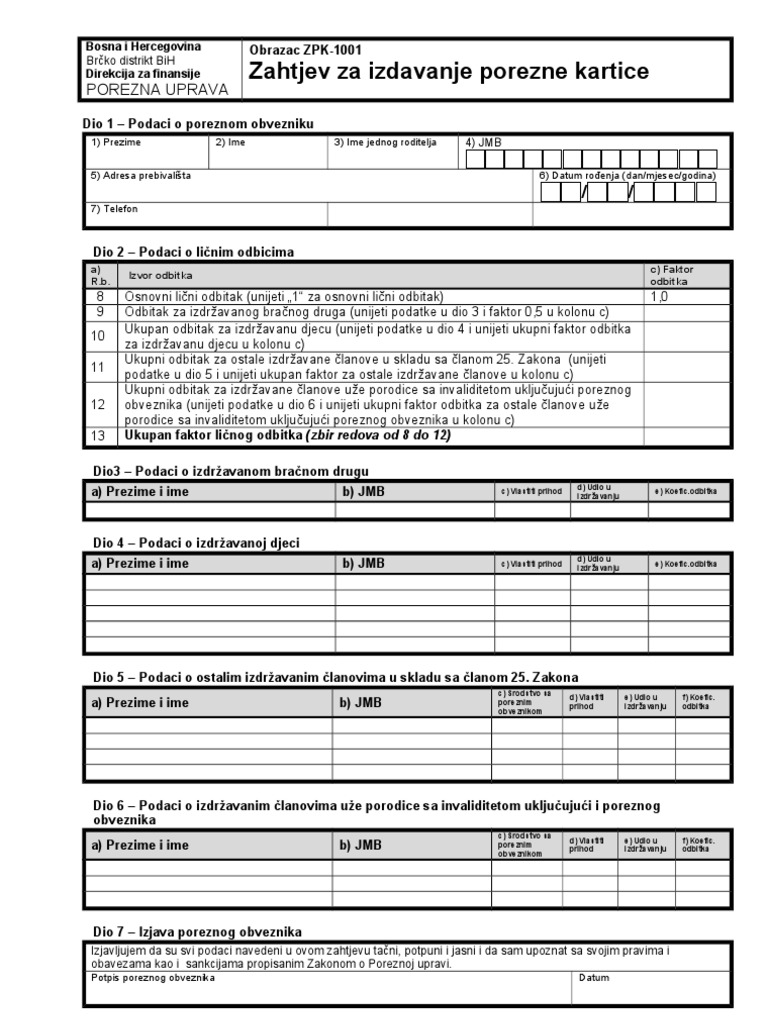 DFPU Obrazac ZPK 1001 Zahtjev Za Izdavanje Porezne Kartice B | PDF