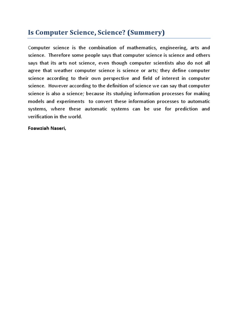 Is Computer Science, Science? (Summery) : Foawziah Naseri | PDF | Art