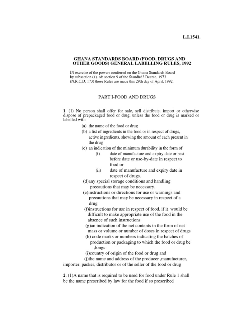 Ghana Labelling Rules 1992 | PDF | Packaging And Labeling | Foods