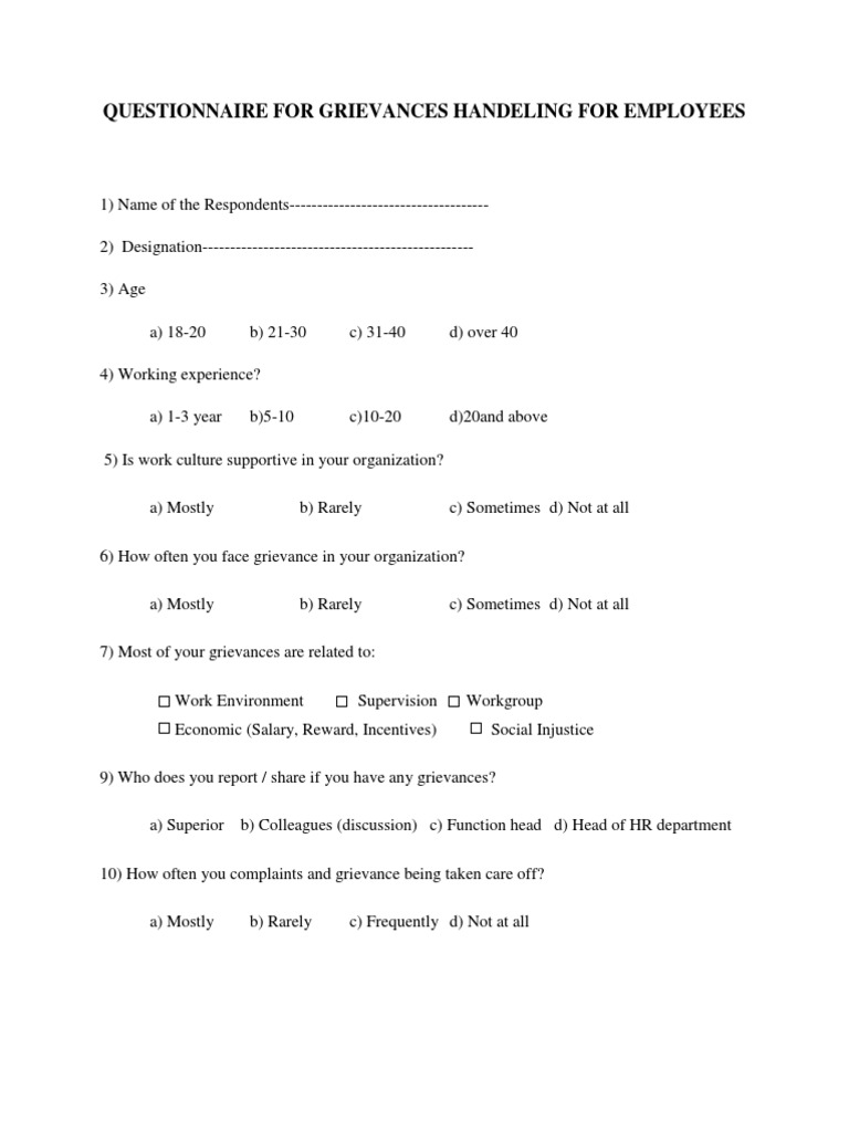 Questionnaire of Grievance Handling | PDF | Economies | Employment