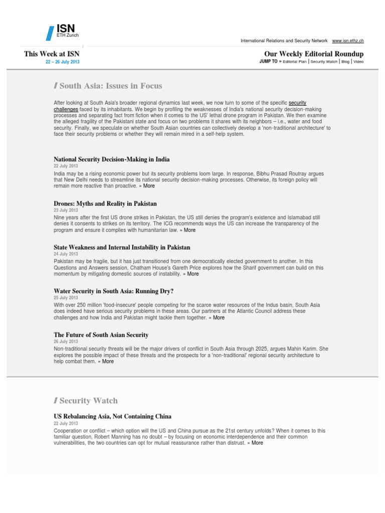 South Asia: Issues in Focus: This Week at ISN Our Weekly Editorial ...