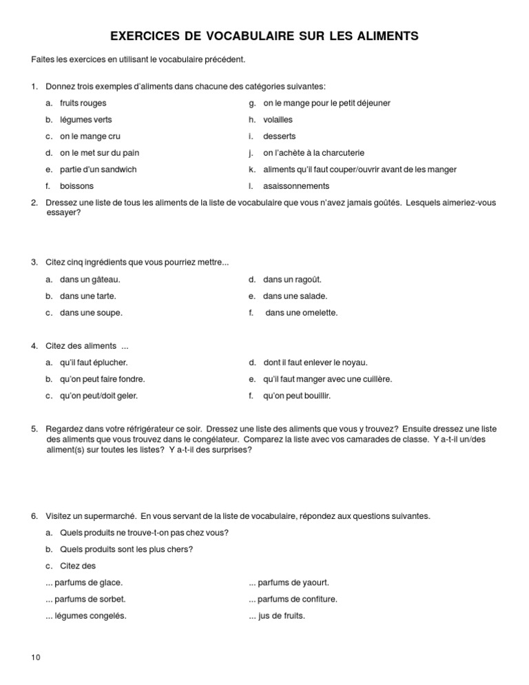 Exercices de Vocabulaire Sur Les Aliments | PDF