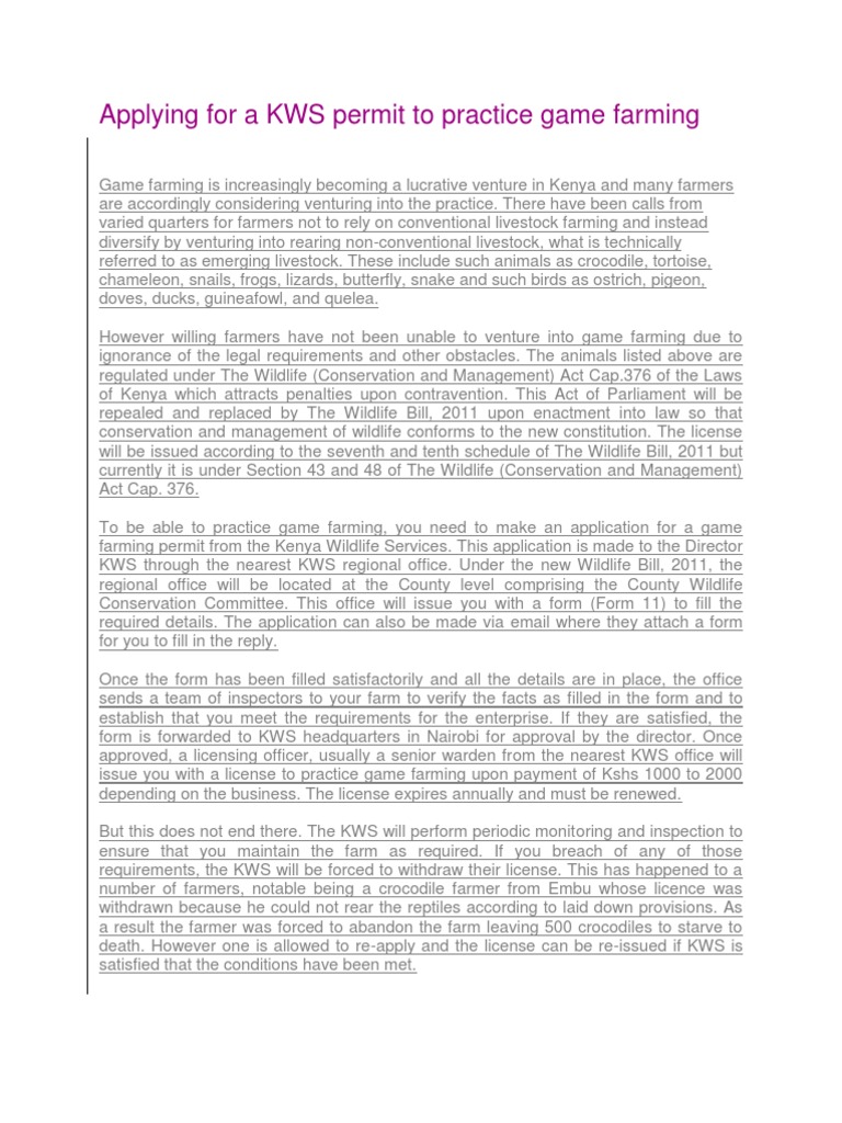 KWS Game Farming Permit Application Guide | PDF | Environmental Impact ...