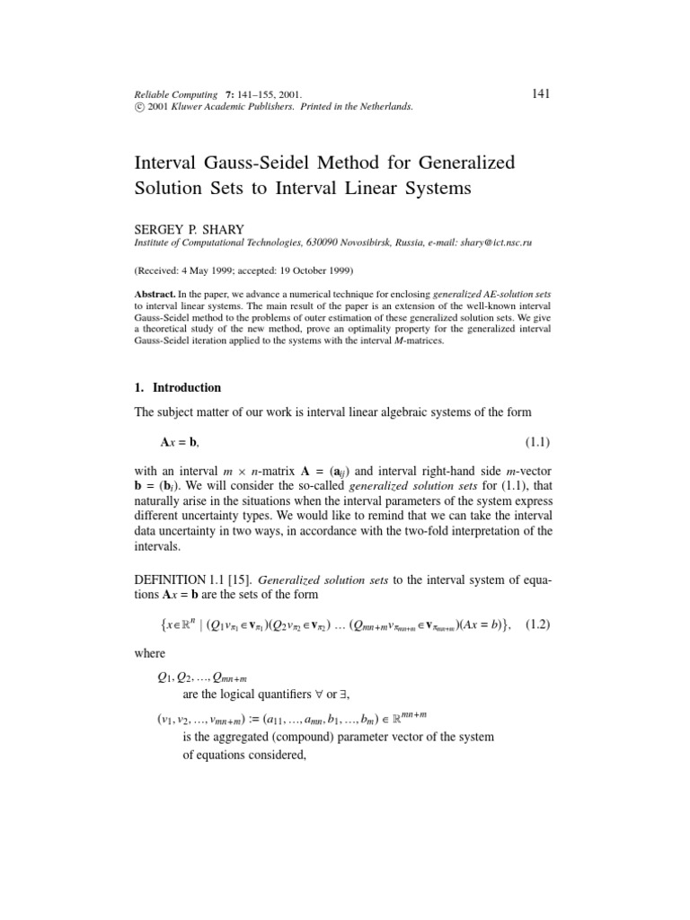 Interval Gauss Seidel Method For Generalized Solution Sets To Interval Linear Systems Pdf