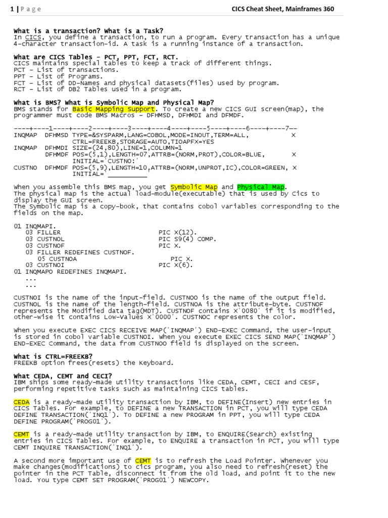 CICS Cheat Sheet | PDF | Computer Program | Programming