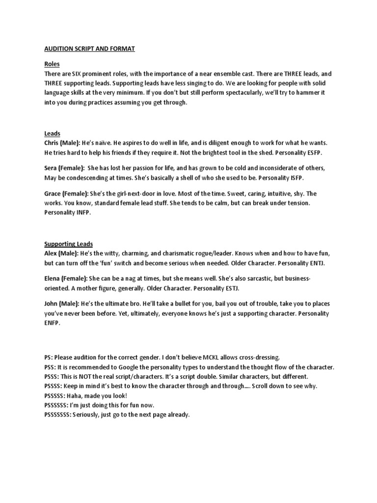 Audition Scripts & Format | Download Free PDF | Audition | Singing