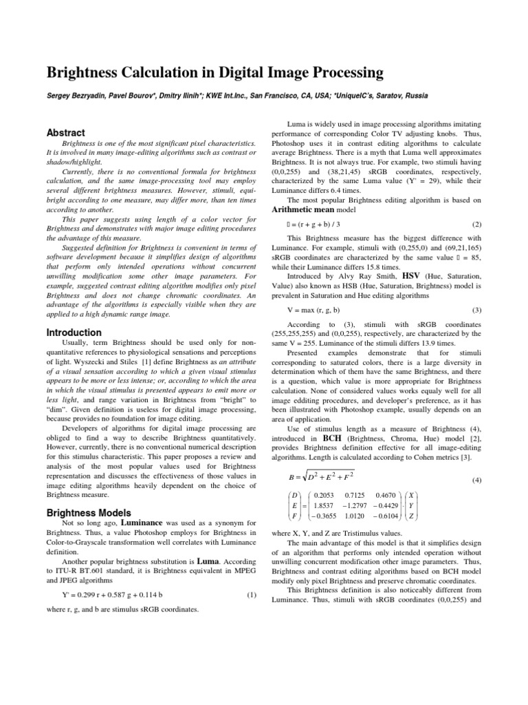 Brightness Calculation in Image Processing | PDF | Image Editing | Senses