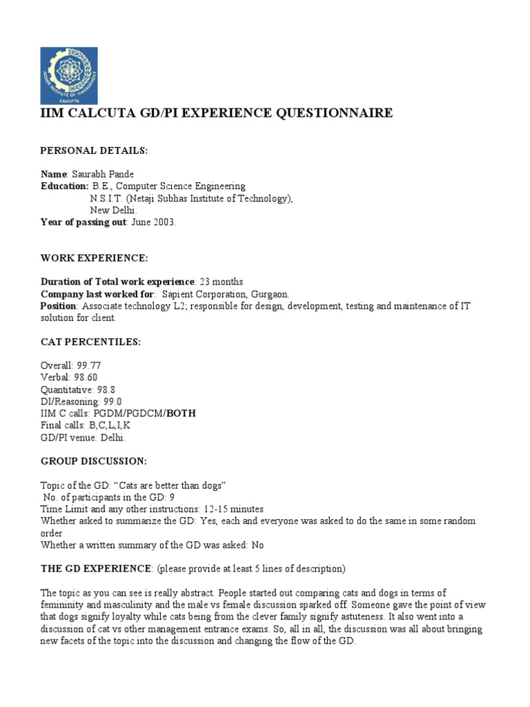 Saurabh PandeGD - Pi Questionnaire | PDF | Cognition | Further Education