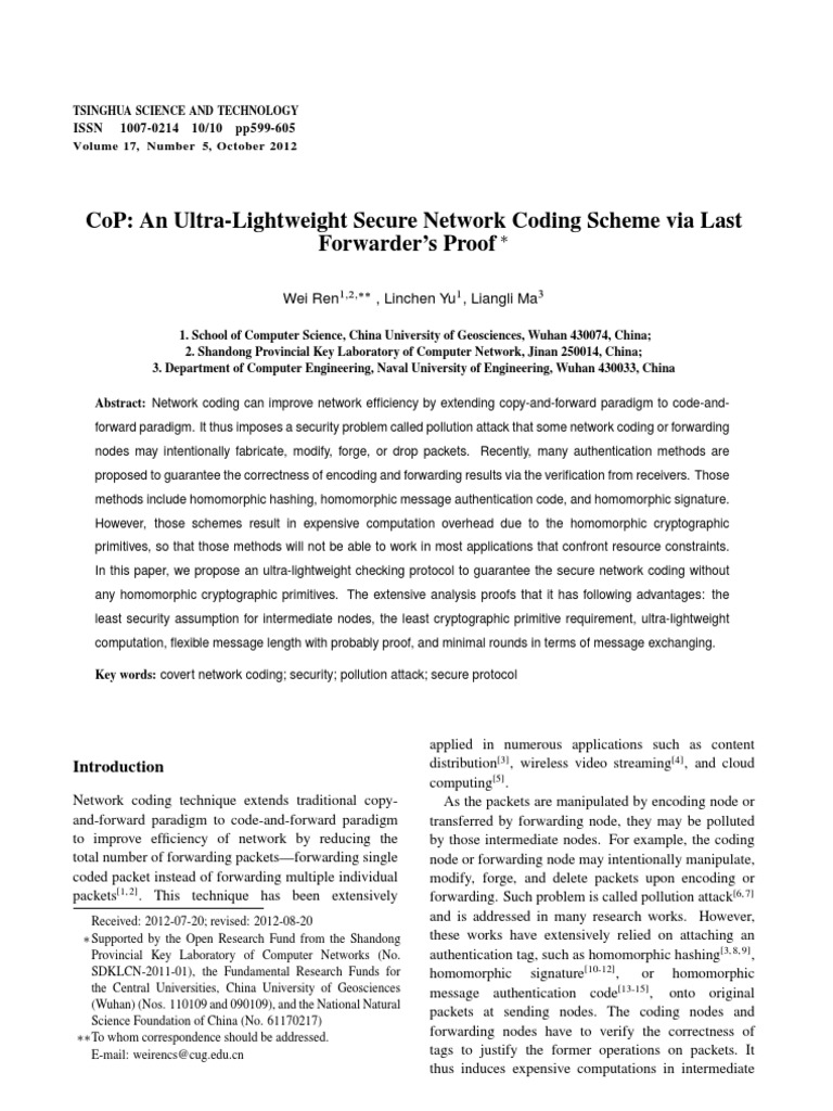 Cop: An Ultra-Lightweight Secure Network Coding Scheme Via Last Forwarder'S Proof | PDF ...
