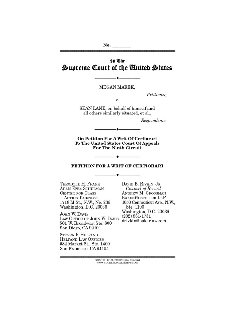 Marek v. Lane - Cert Petition | PDF | Class Action | Certiorari