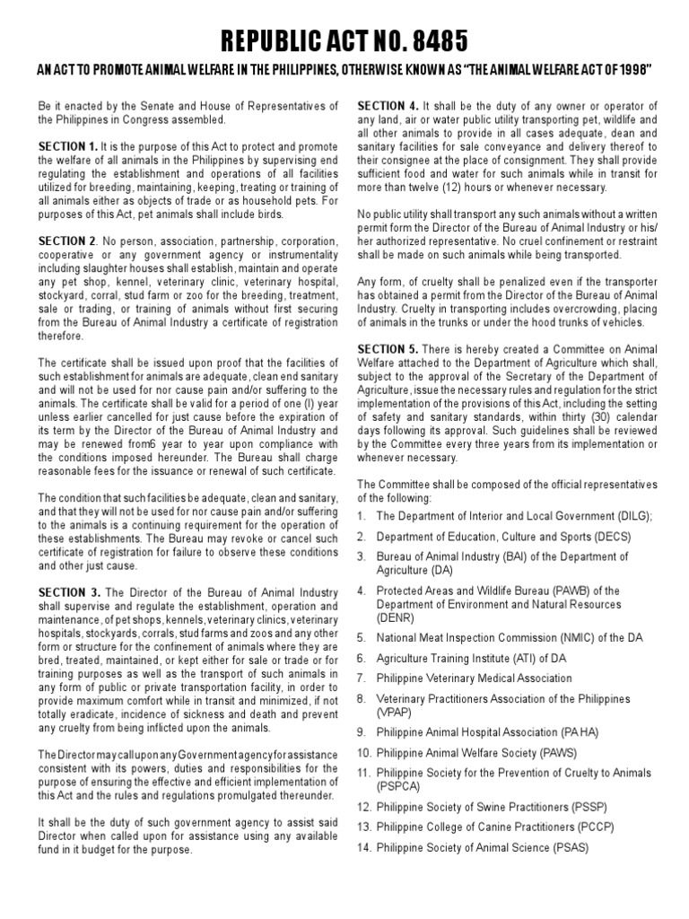 RA8485 Animal Welfare Act (Carabao Slaughter) | PDF | Animal Welfare ...