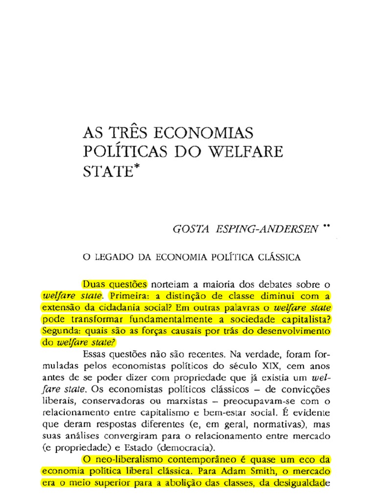 As Tres Economias Politicas Do Welfare State - Gosta Esping-Andersen ...