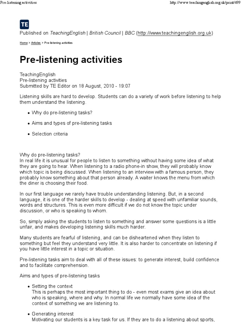 Pre Listening Activities | PDF | Reading Comprehension | Human ...