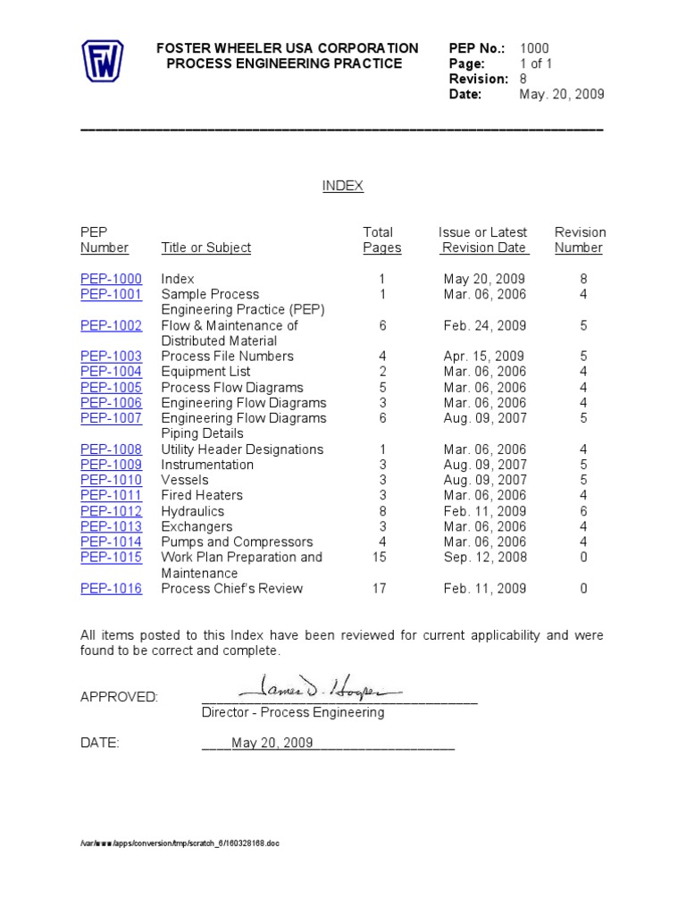 Foster Wheeler Usa Corporation PEP No.: 1000 Process Engineering ...
