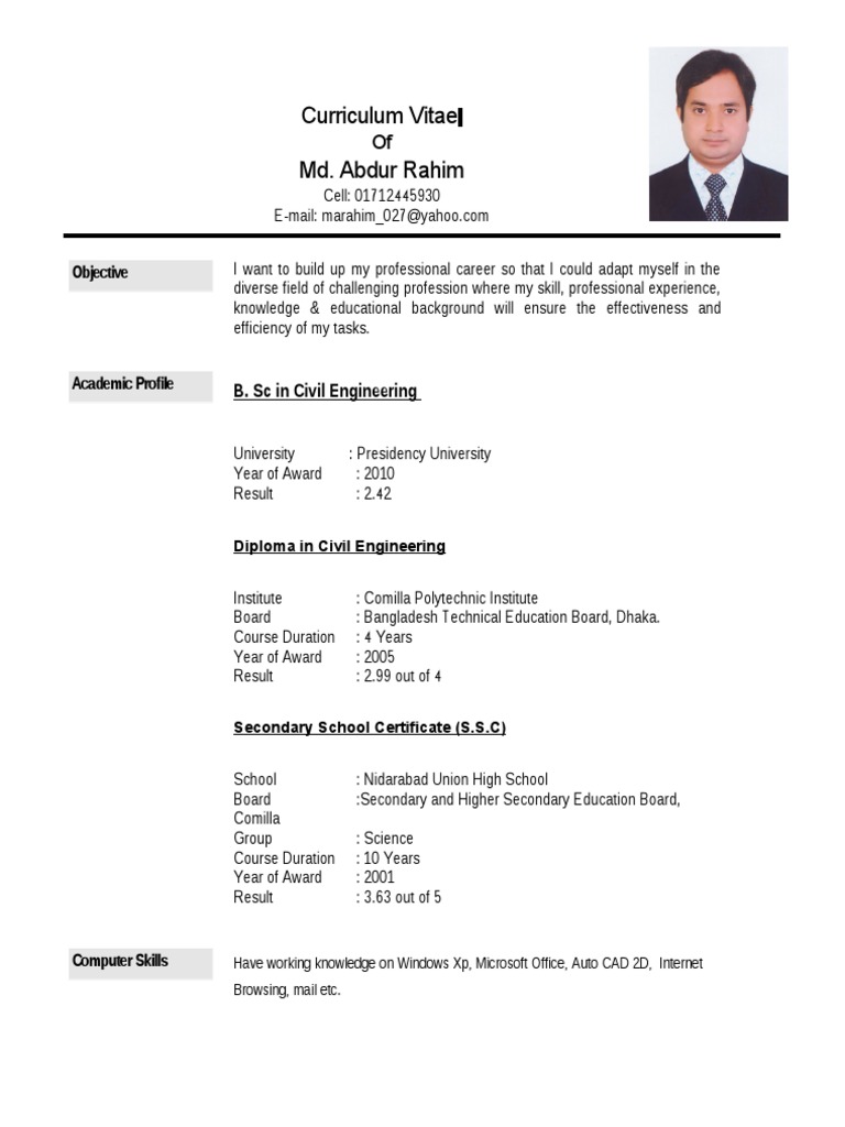 CV of MD - Abdur Rahim | PDF | Engineering | Civil Engineering