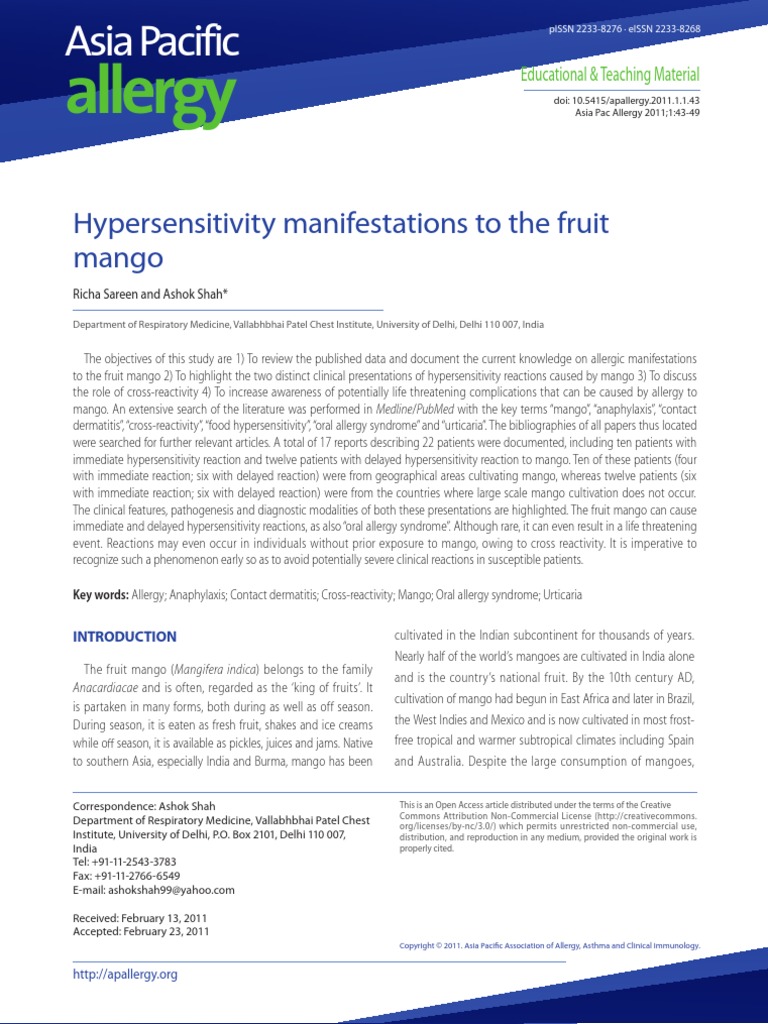 Allergy: Hypersensitivity Manifestations To The Fruit Mango | PDF ...