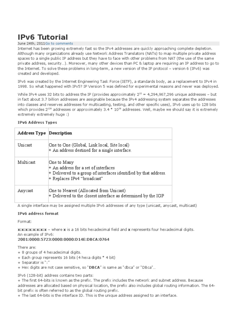 Ipv6 Tutorial: Address Type Description | Download Free PDF | Ip ...