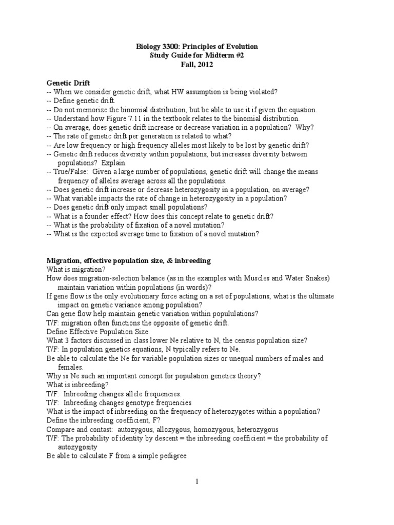 Biology 3300: Principles of Evolution Study Guide For Midterm #2 | PDF ...
