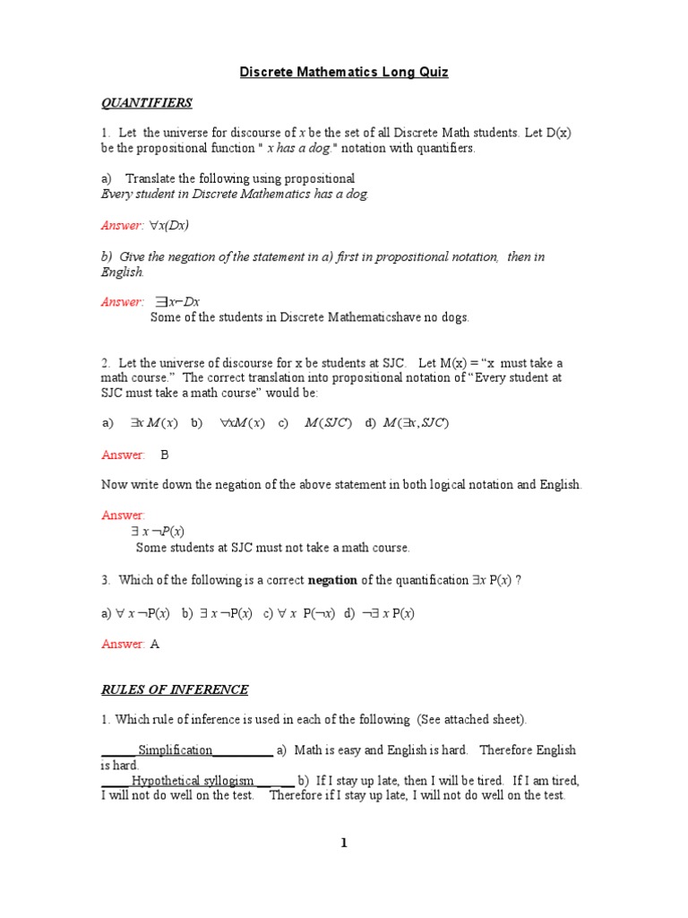 Discrete Math Quiz: Quantifiers & Inference | PDF | Argument | Reasoning