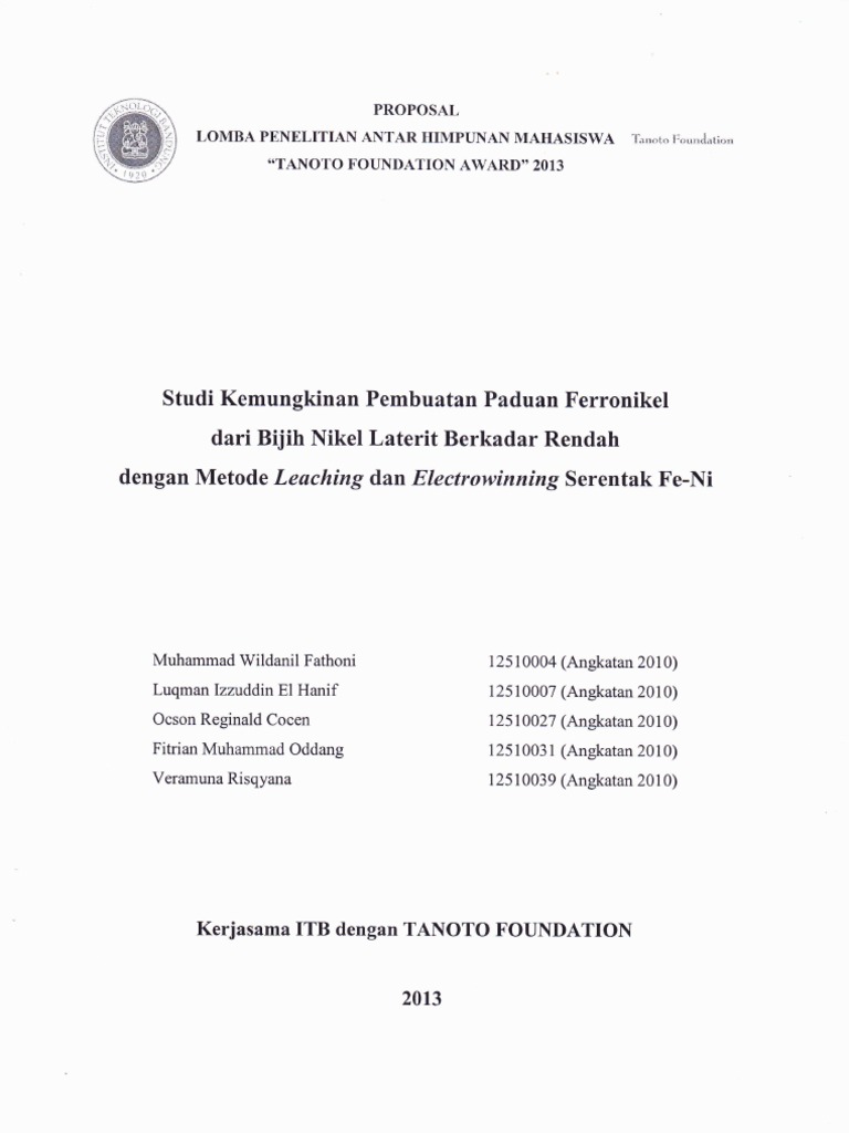 Proposal - Studi Kemungkinan Pembuatan Paduan Ferronikel Dari Bijih ...