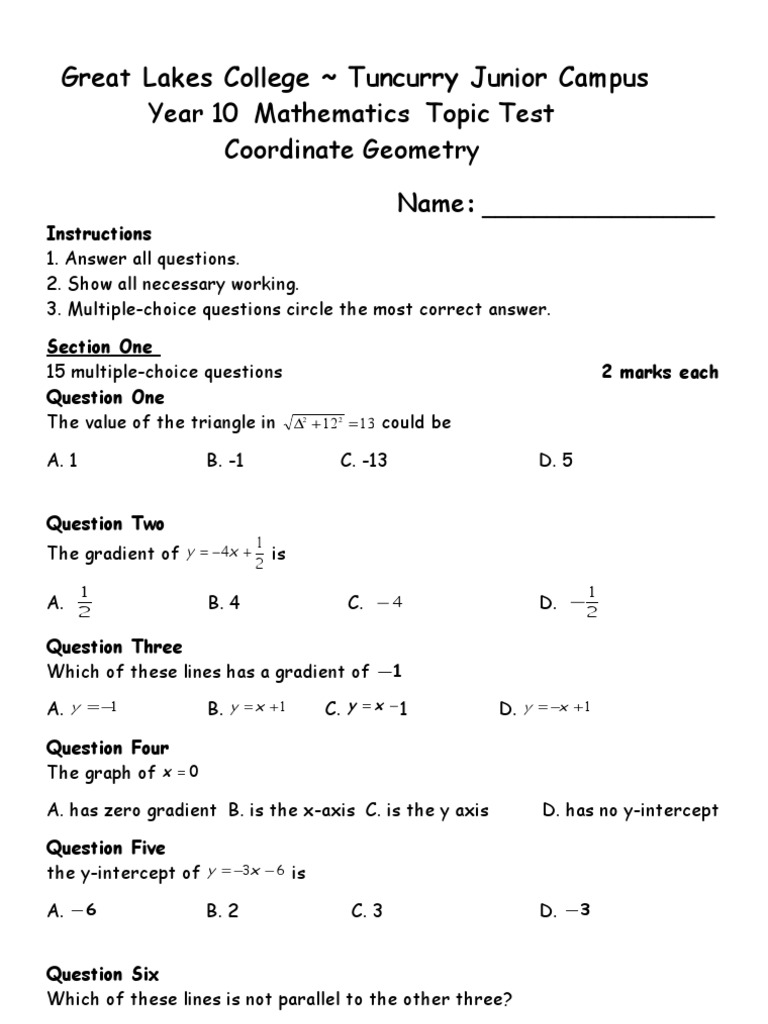 Year 10 Coordinate Geometry Test | PDF | Line (Geometry) | Gradient