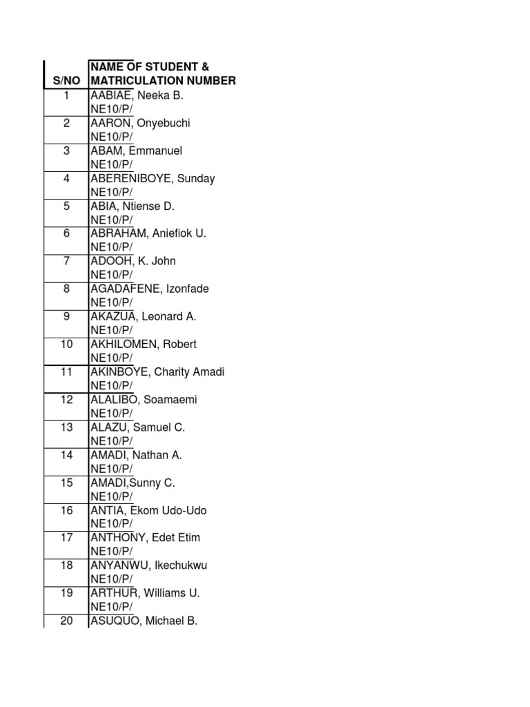 Student Name and Matriculation Number List for NE10/P | PDF