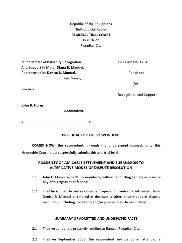Pre trial Brief - Respondent | Testimony | Brief (Law)