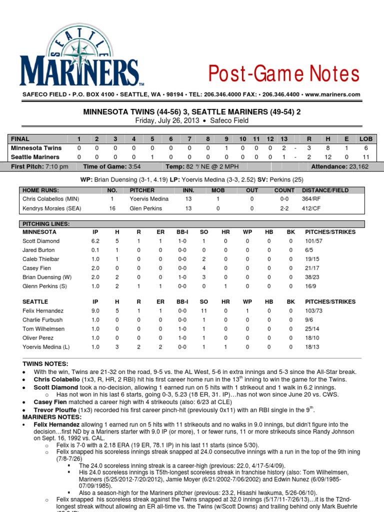 07.26.13 Post-Game Notes | PDF | Team Sports | Ball And Bat Games