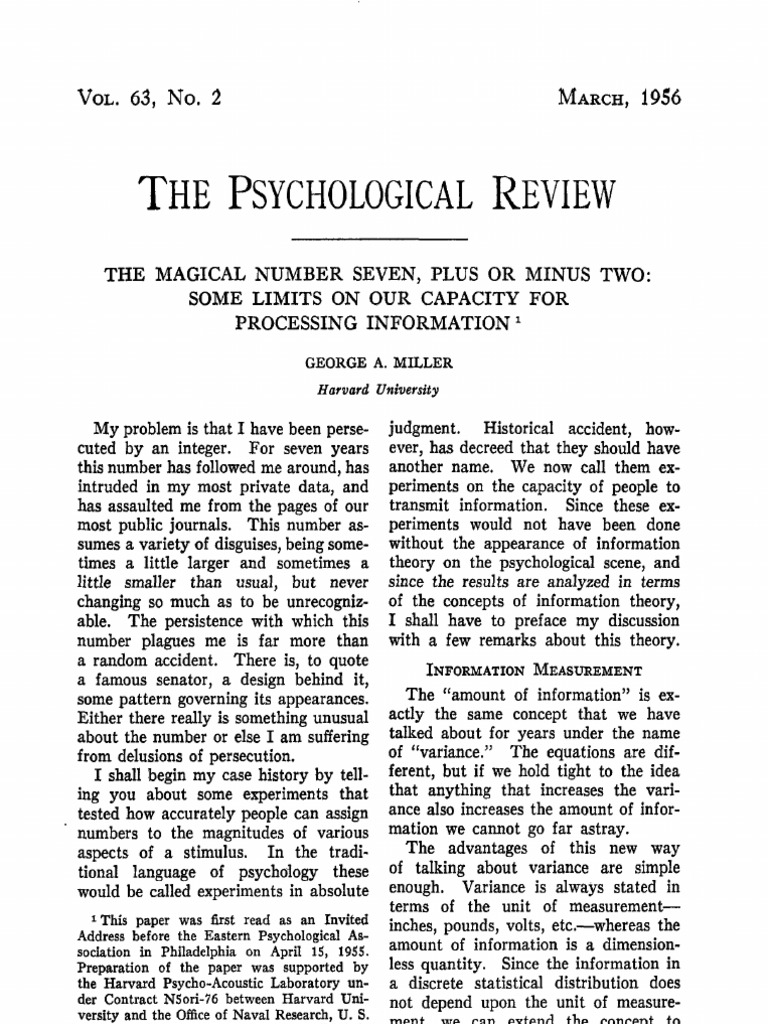 Vol. 63, No. 1 March, 1956 The Psychological Review | PDF | Memory ...