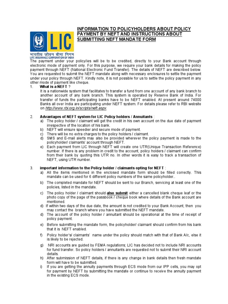Neft Mandate Form Format For LIC | PDF | Finance & Money Management