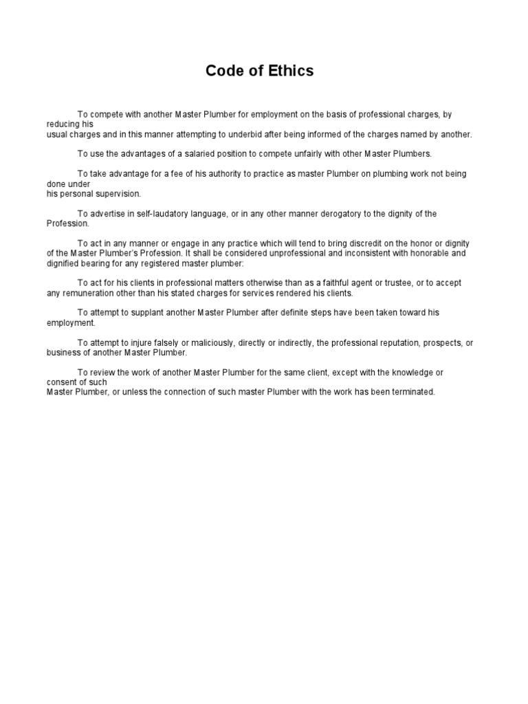 Master Plumber Code of Ethics | PDF