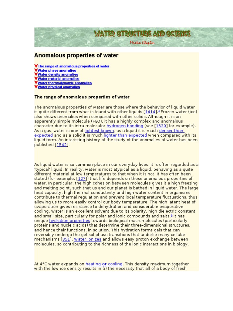 Anomalous Properties of Water Explained | PDF | Properties Of Water ...