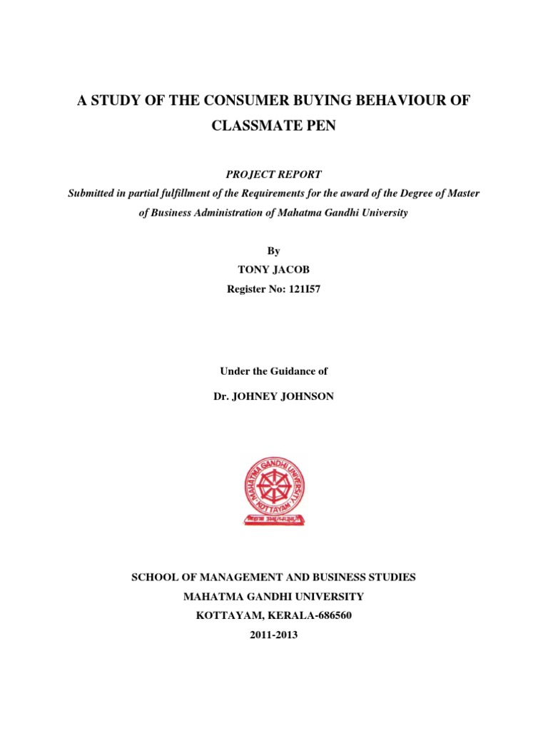 MBA Sample Project Report-ITC-Classmate Pen-Consumer Buying Behaviour ...