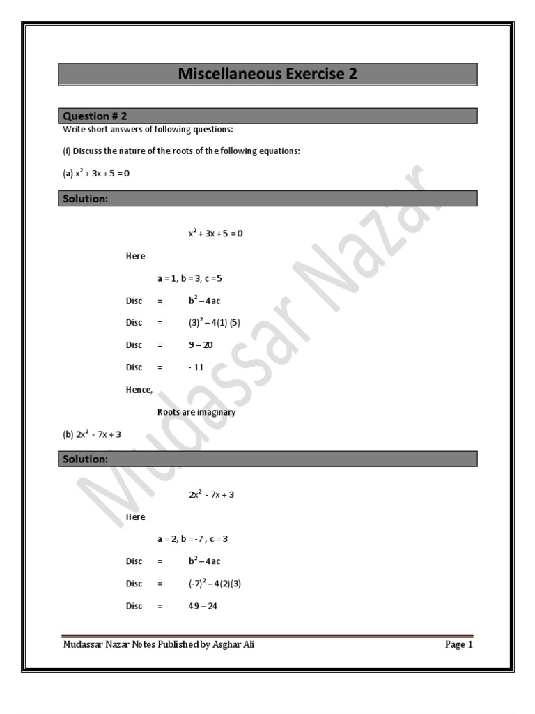 Miscellaneous Exercise 2 | PDF | Zero Of A Function | Equations