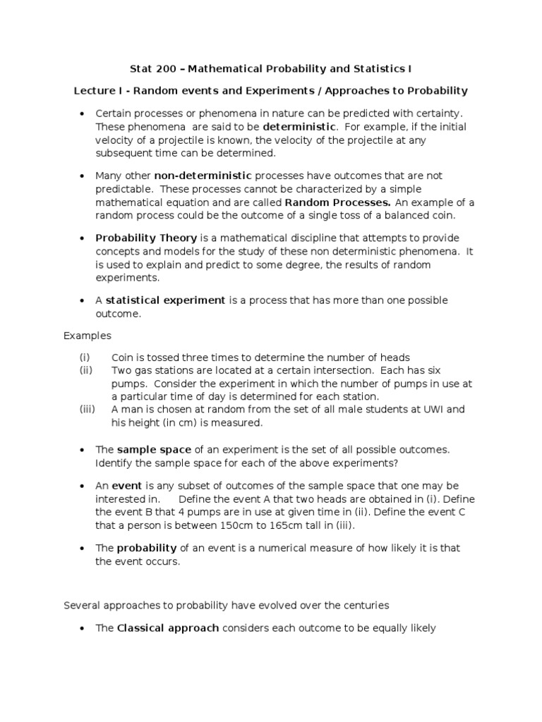 Stat 200 - Mathematical Probability and Statistics I Lecture I - Random Events and Experiments ...