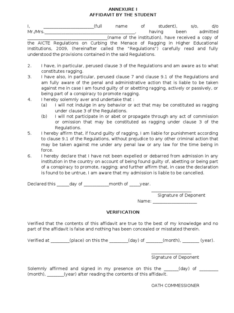 Affidavits Required by AICTE | Affidavit | Common Law