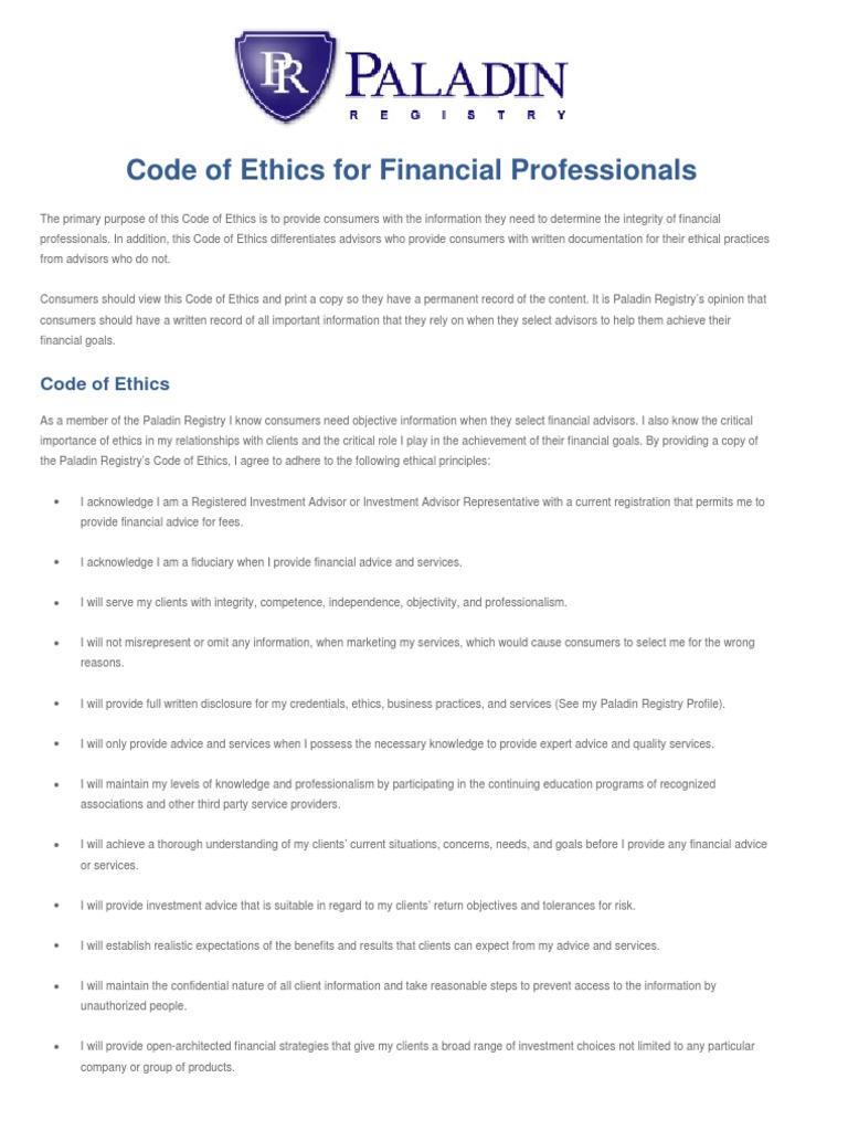 A Code of Ethics for Providing Financial Advice with Integrity ...