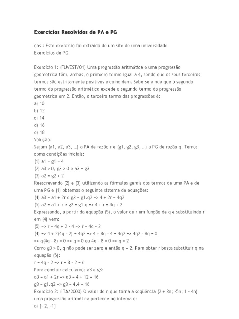 Exercícios Resolvidos de PA e PG | PDF | Sequência | Equações