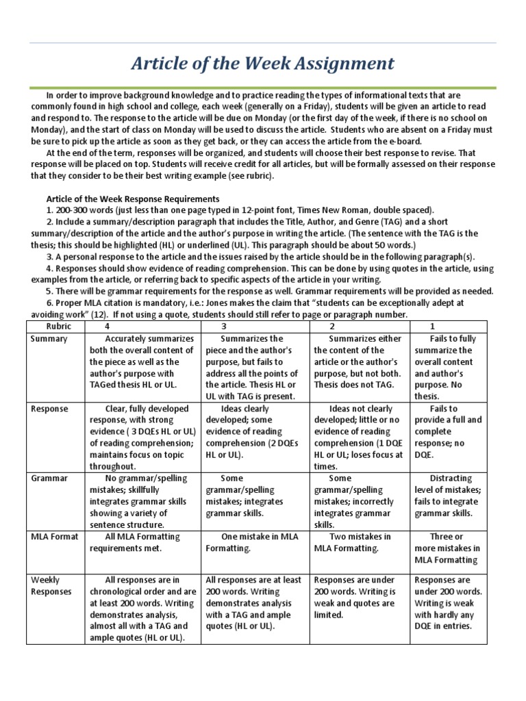 Article of The Week Assignment and Rubric | PDF | Joss Whedon | Reading ...