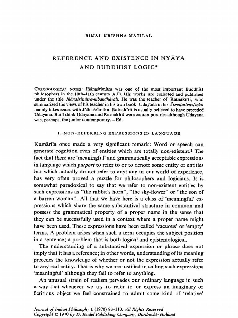 Matilal - Reference and Existence in Nyaya and Buddhist Logic | PDF ...