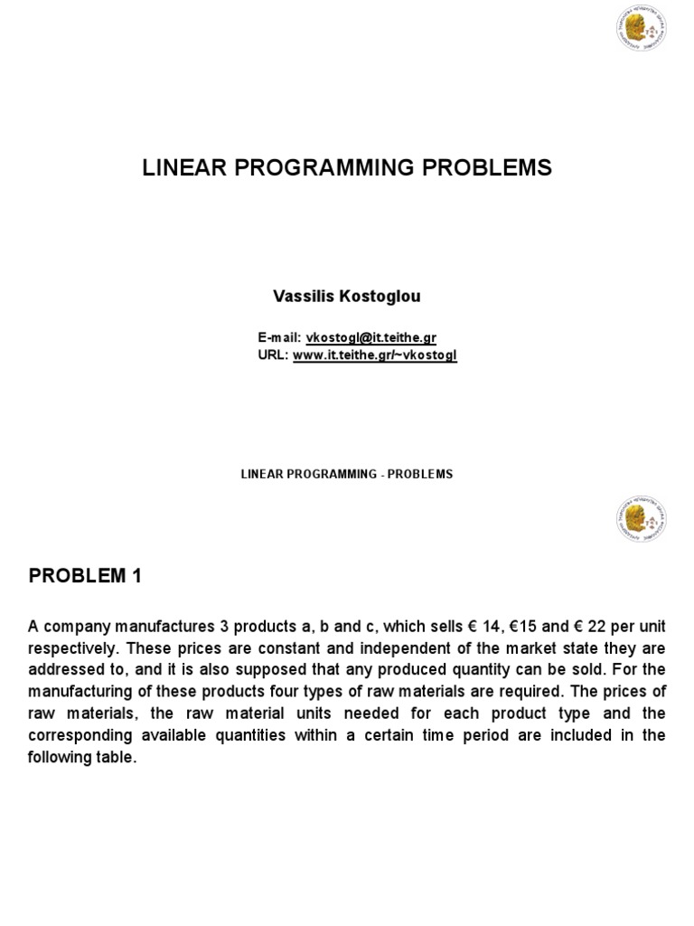 Linear Programming Problems En 29 5 2012 Pdf Linear Programming Profit Accounting